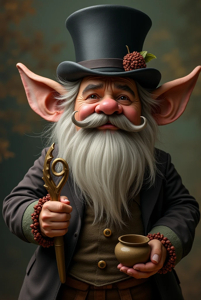 Dwarf in victorian clothing, tophat, holding a quatterstaf, with a ...