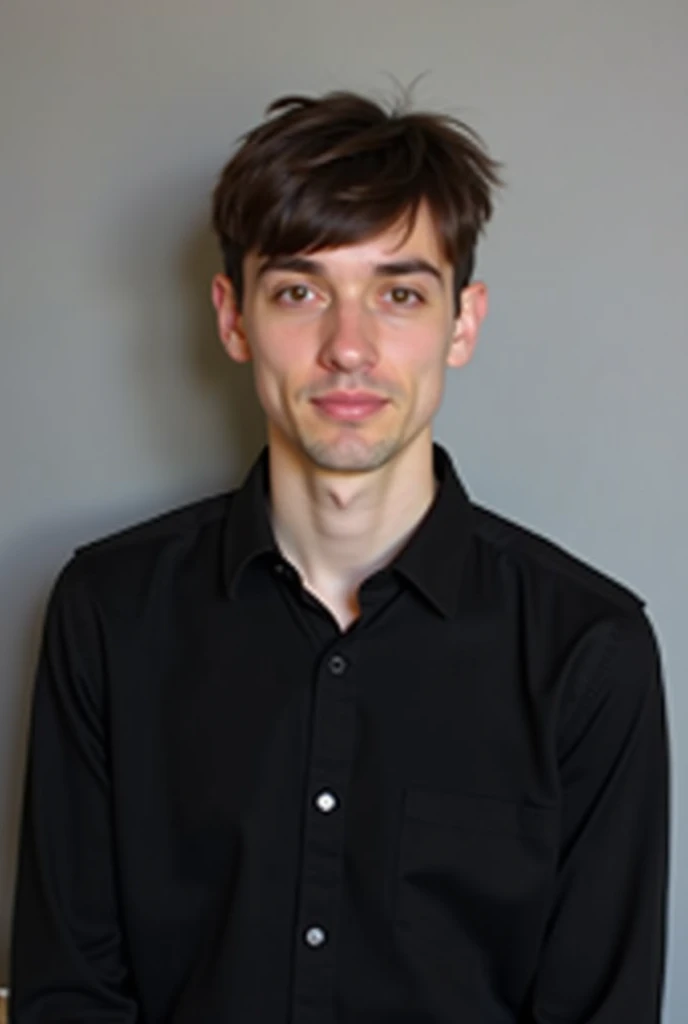 short, disheveled hair , black button shirt , standing position - SeaArt AI