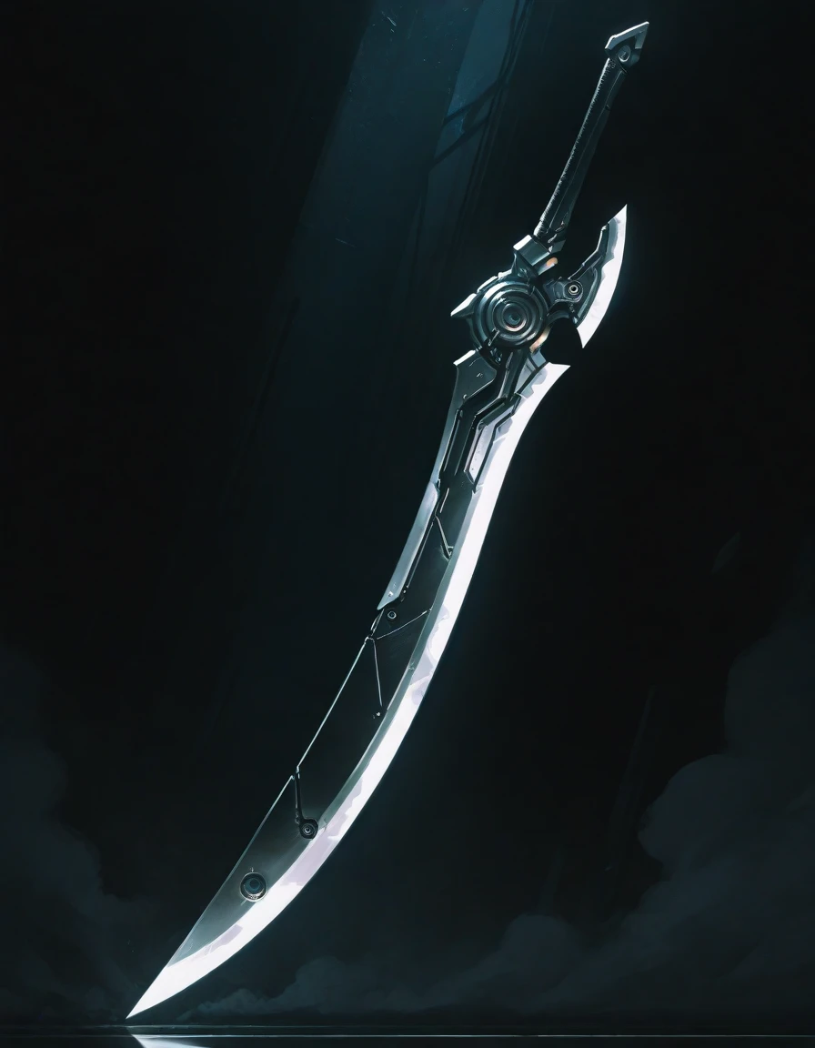 Highly detailed, futuristic sword floating upright against a dark ...