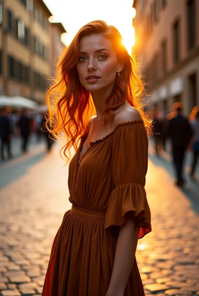 An Italian woman with flaming hair standing on a cobblestone street in ...