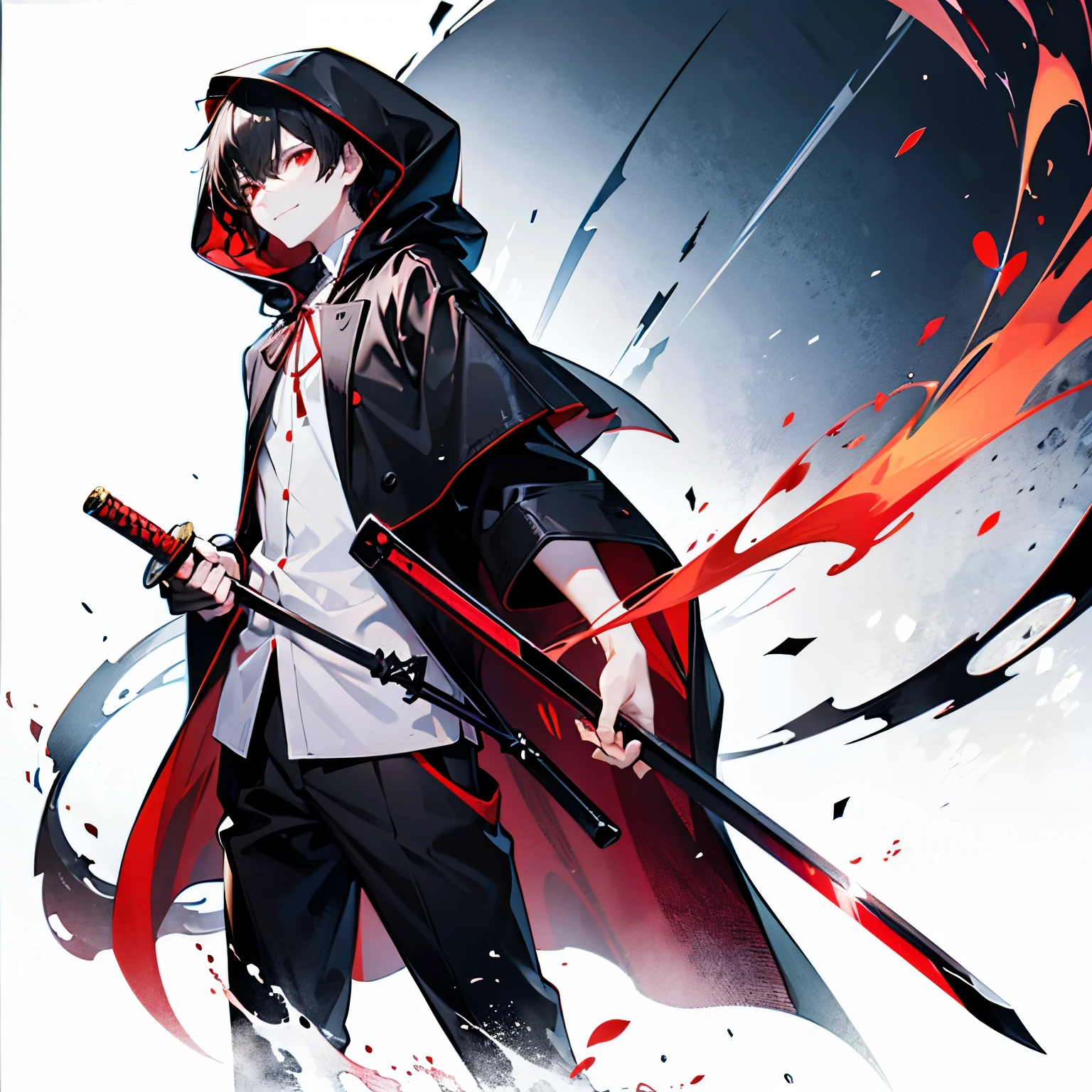 A black-haired young man of medium height. Red eyes and a calm smirk ...