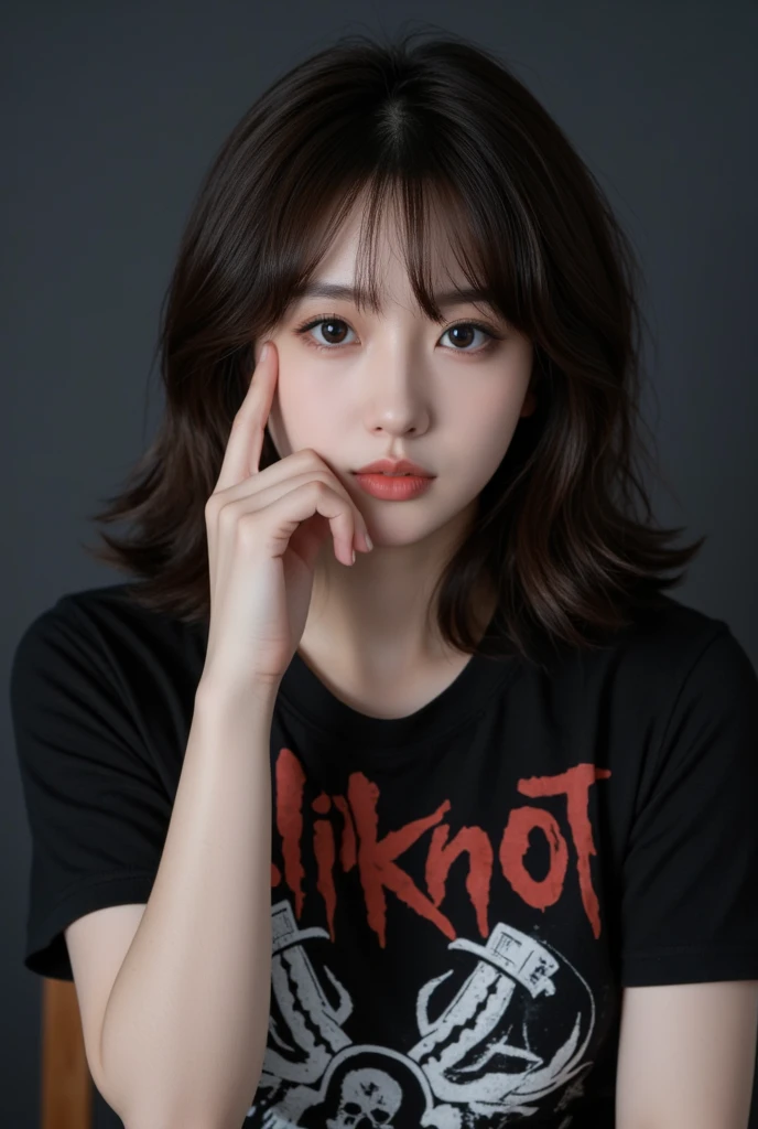 Cute faced korean lady wears tattooed slipknot t-shirt and has big and ...