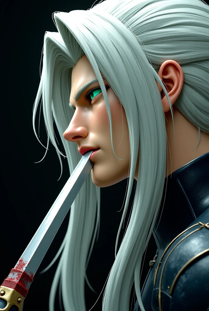 "A close-up portrait of Sephiroth from Final Fantasy VII, with his ...