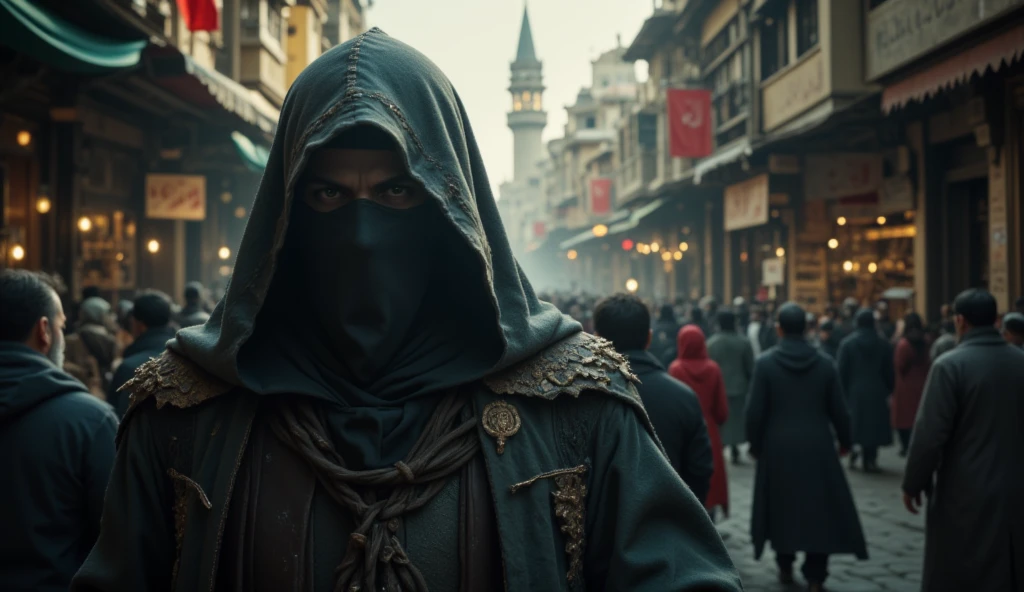 "A Persian Hashshashin infiltrating a crowded Persian city, set in a ...