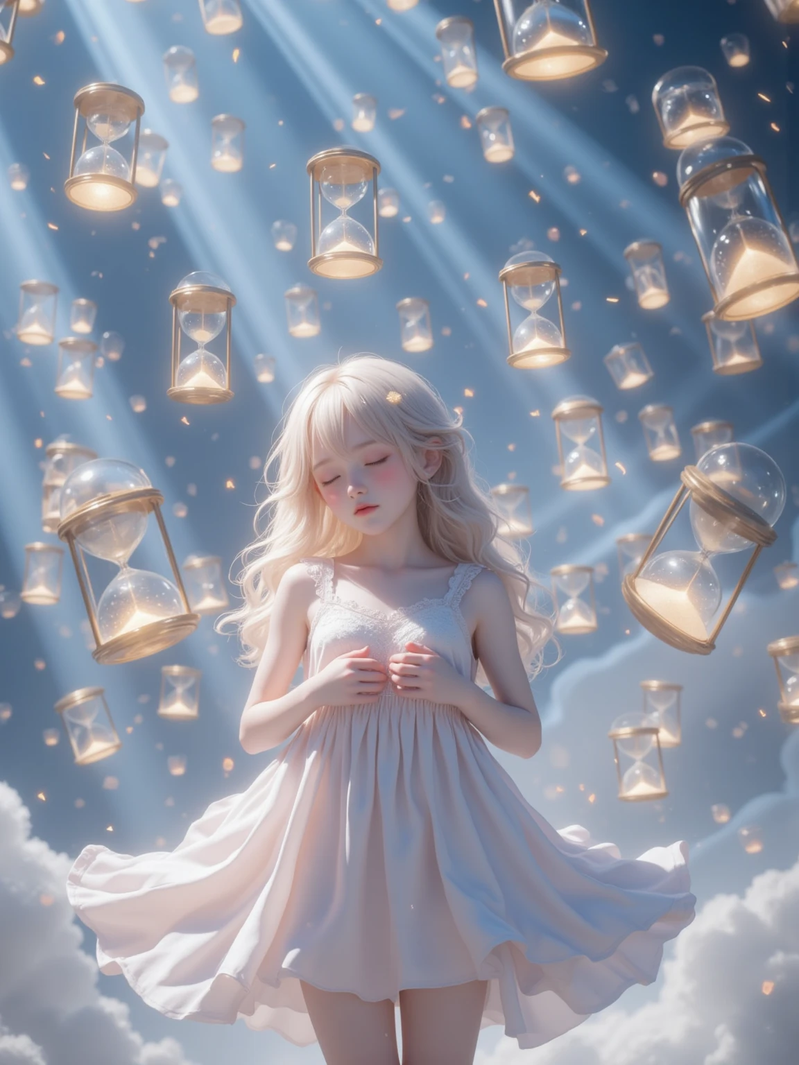 A sleepy-looking girl standing quietly in a dreamlike, surreal space ...