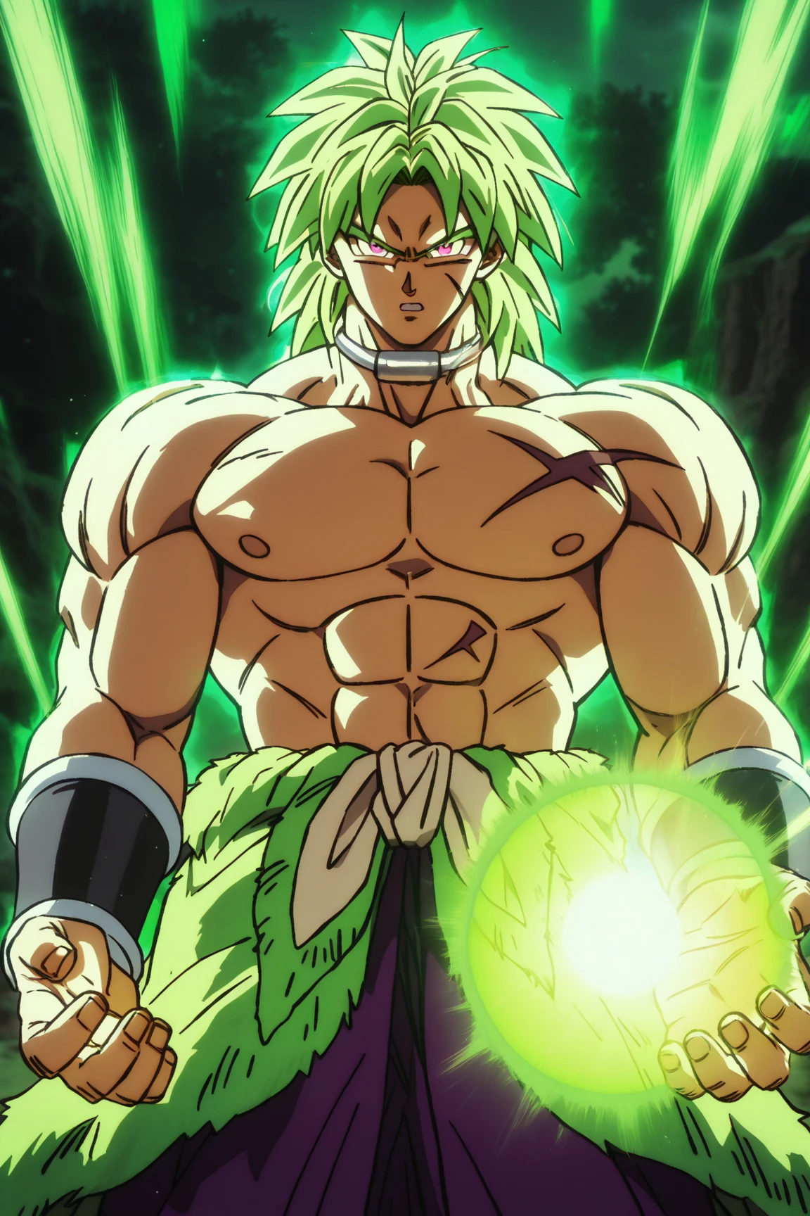 Broly, green hair, shirtless, energy sphere in the hand, bright eyes ...