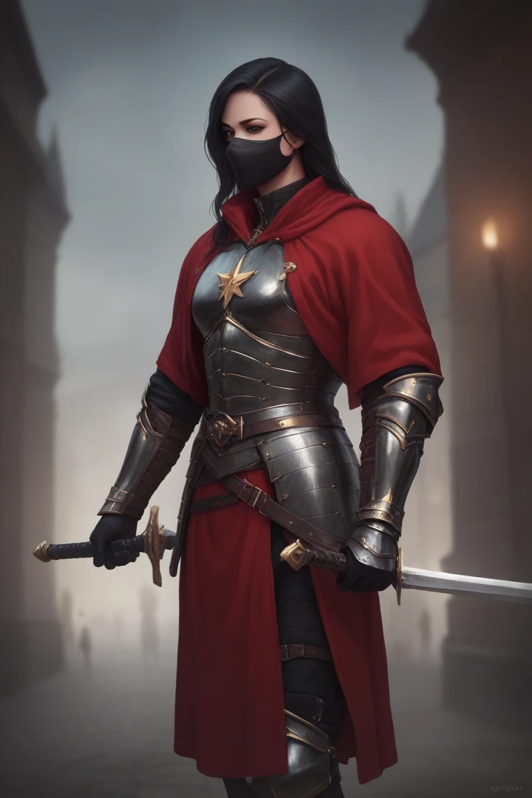 ((Guard in black and red robes and leather armor, Armor)), Standing ...