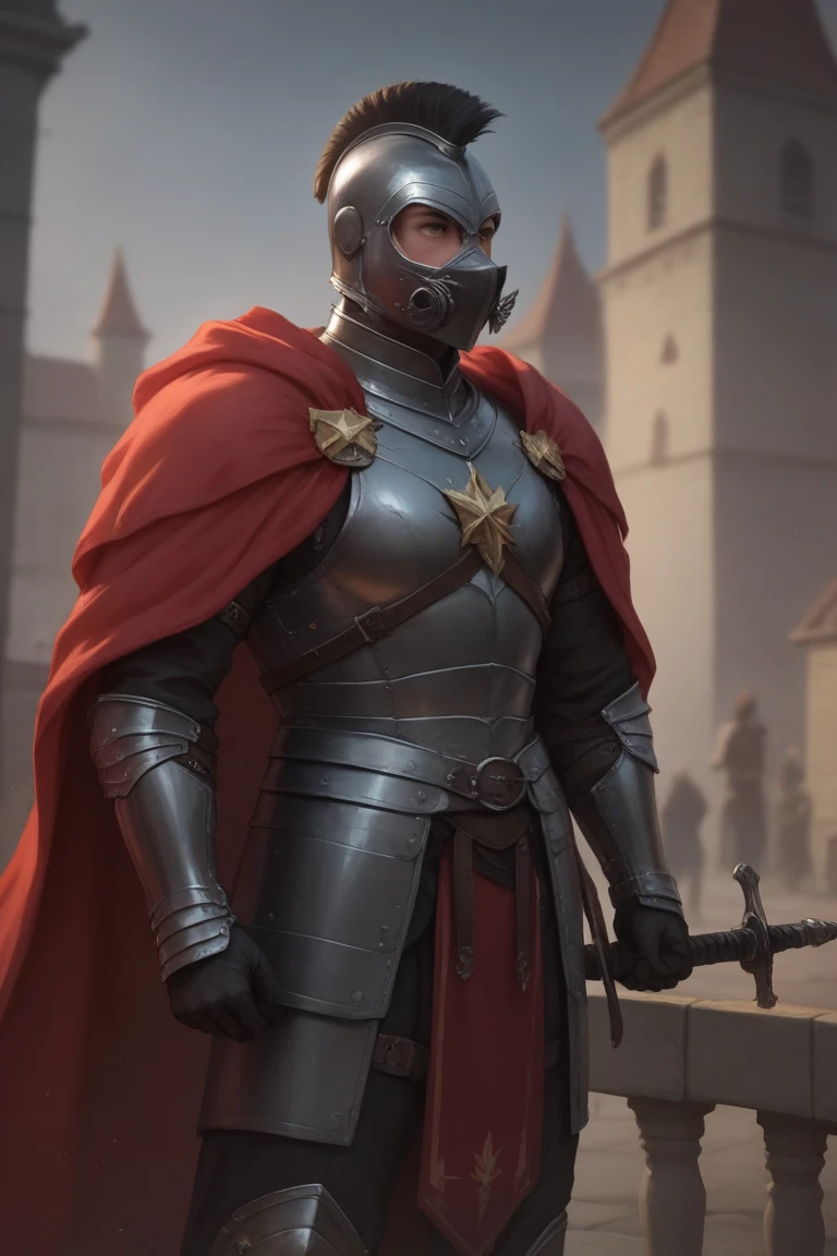 ((Guard in black and red robes and leather armor, Armor)), Standing ...