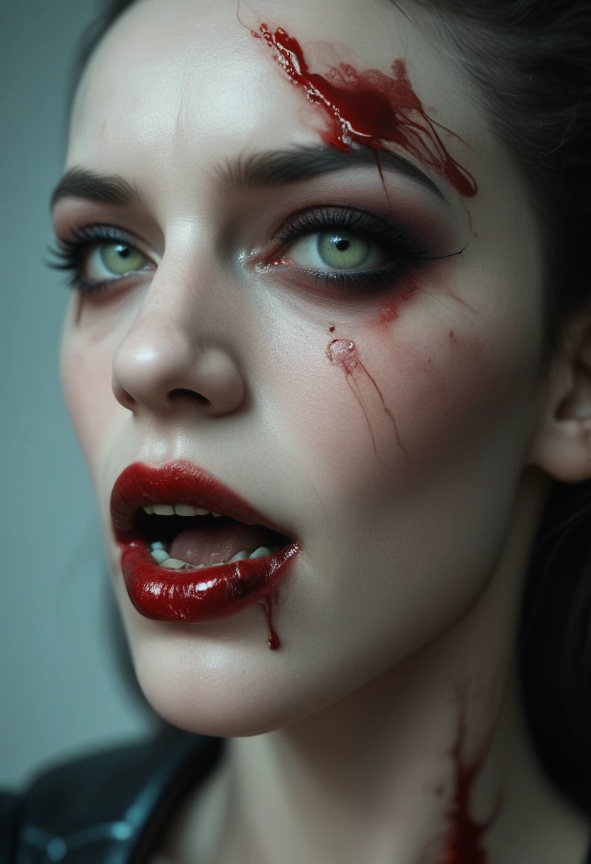 There is a woman with blood on her face and eyes, CGI horror in 4K ...