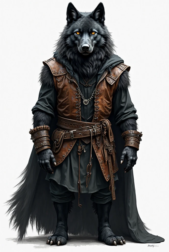 Black furry wolf, with a leather vest and a black robe, a small scar on ...