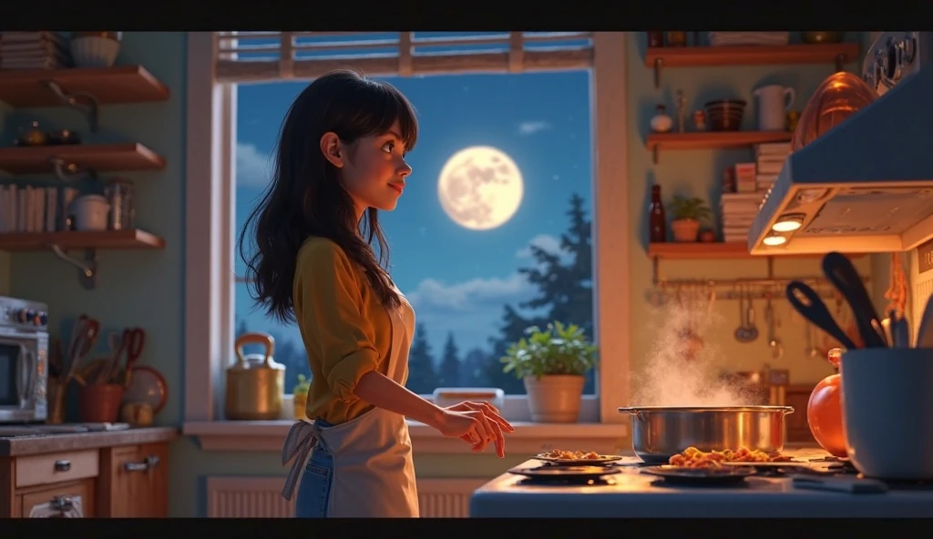 Young woman cooking in her kitchen while looking out the window at the ...