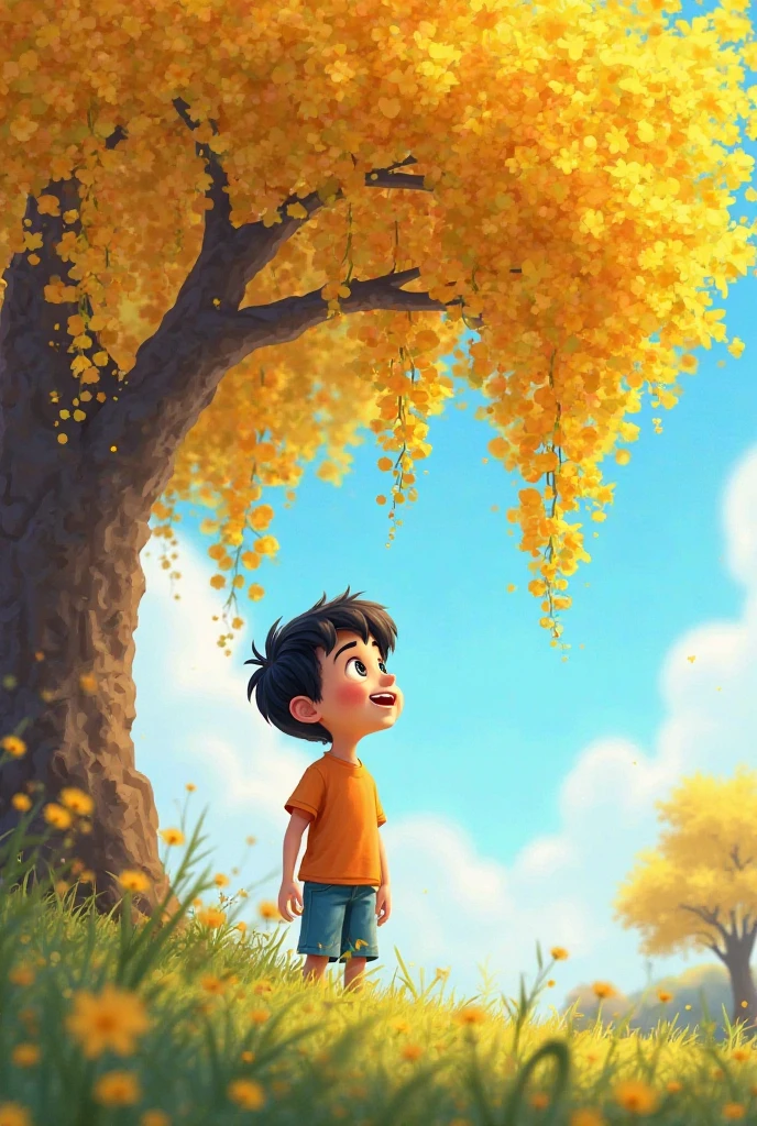 "Illustrate a 2D animation-style cartoon scene where a boy stands ...