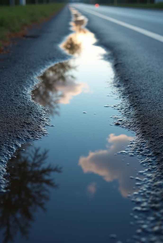「and a small puddle formed on a paved road after the rain、There is a ...