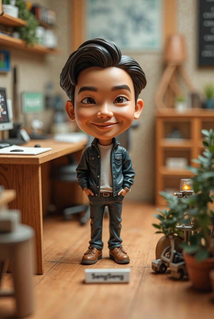 Create a realistic caricature-style miniature statue of the person in ...
