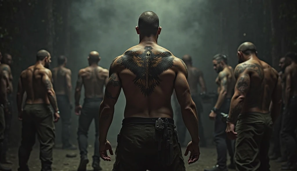 Central character (turn your back): A muscular man, with heads - SeaArt AI