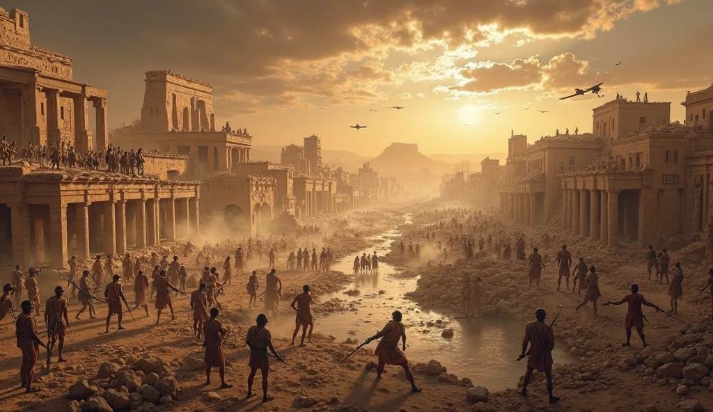 A dramatic and chaotic scene set in Ancient Egypt during the First ...
