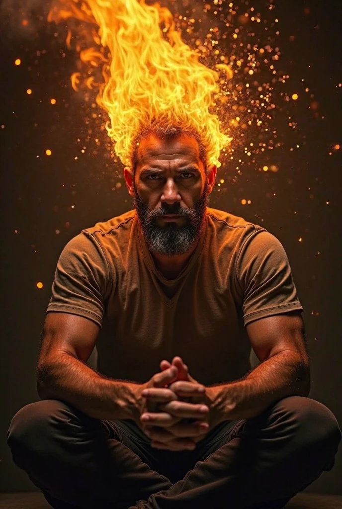 Create a powerful image of a man seated firmly, with a serious ...