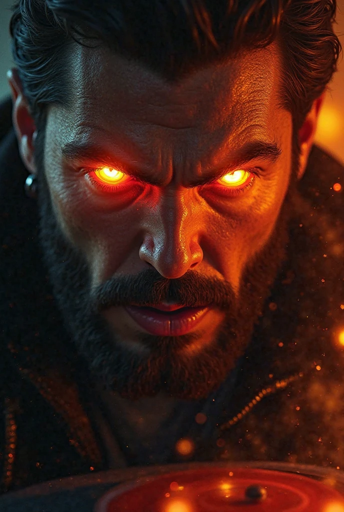 Lose-up of a fiery-faced man with glowing eyes, dramatic lighting ...