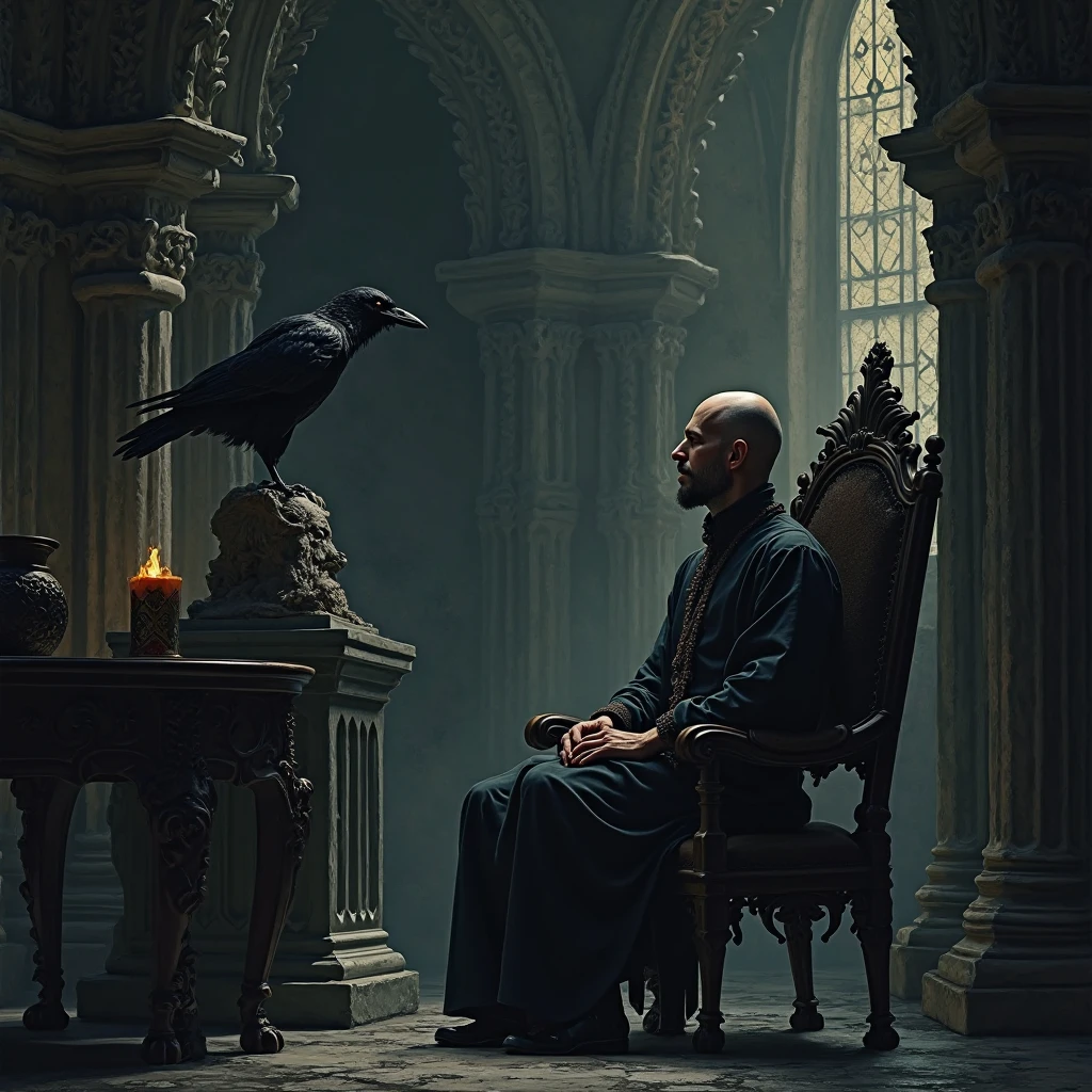 Create a man sitting in a chair watching a crow that is sitting on a ...