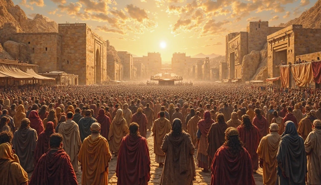 Paint a picture of a large crowd of people, From the time of the Bible ...