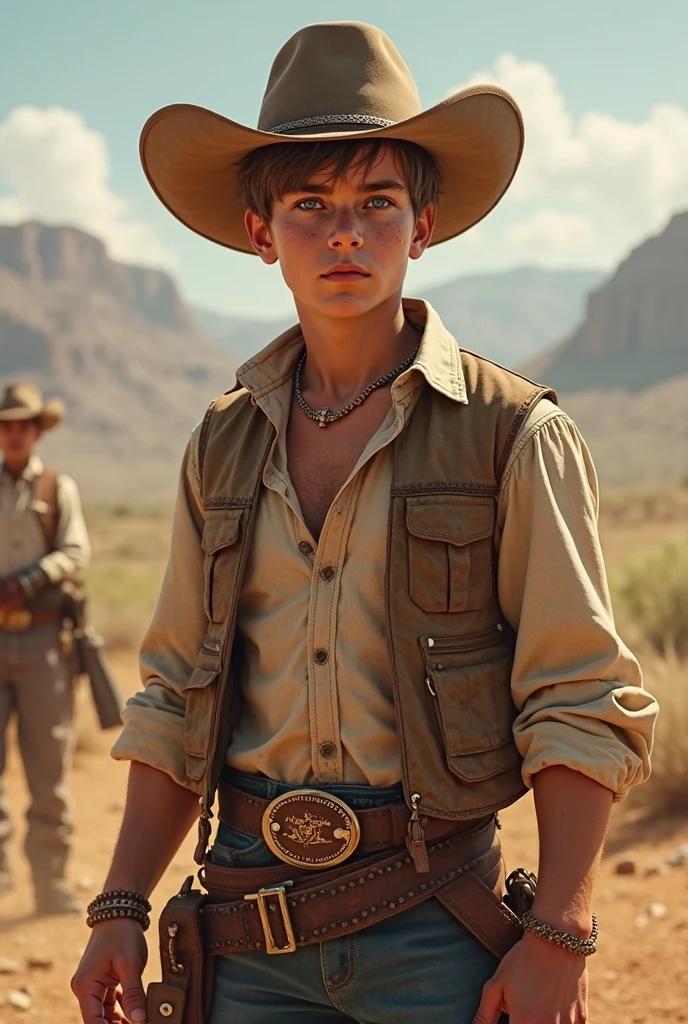 Generate a young traditional cowboy, in his early twenties ,slightly ...