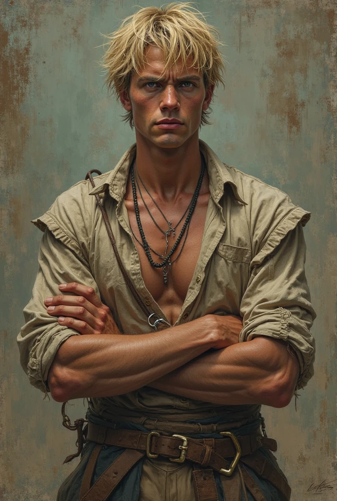 Handsome poor man pale hopeless lively body with messy blond hair ...