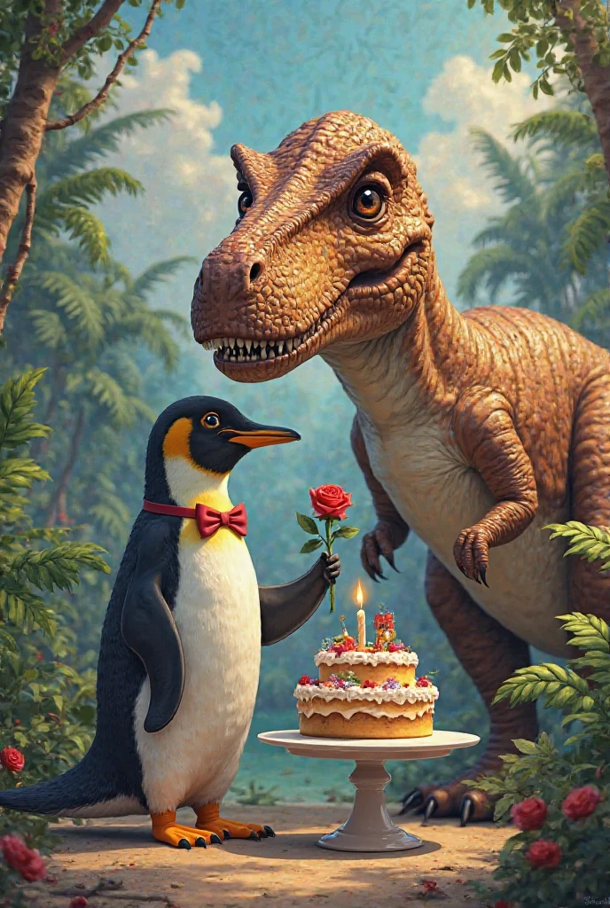 Penguin giving her a rose and a cake Birthday to a Tyrannosaurus rex ...
