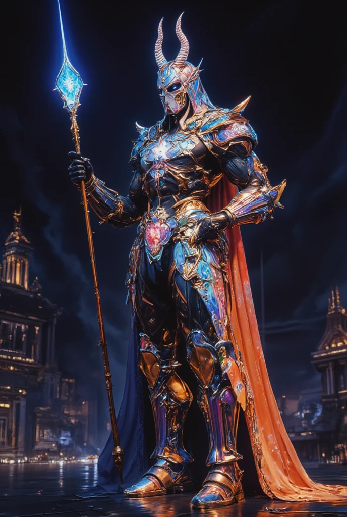 Create an image of a Scaman Rider wearing colorful chrome armor in the ...