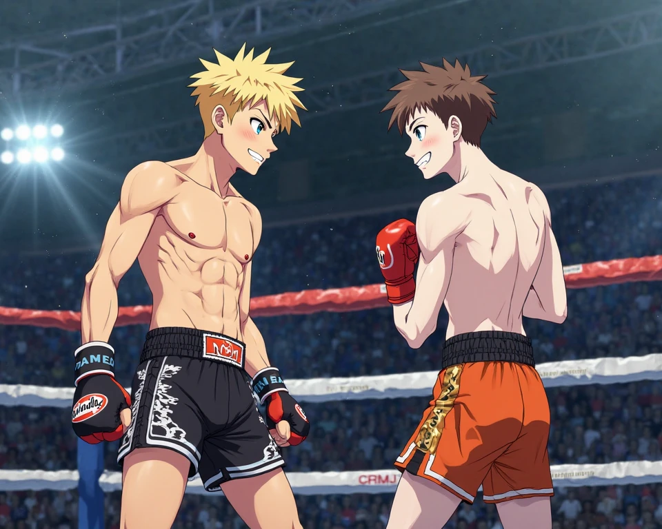 An anime picture shows a Muay Thai match between a boy with blonde hair ...