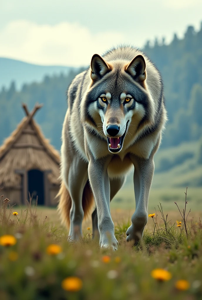A wolf blowing into a straw house - SeaArt AI