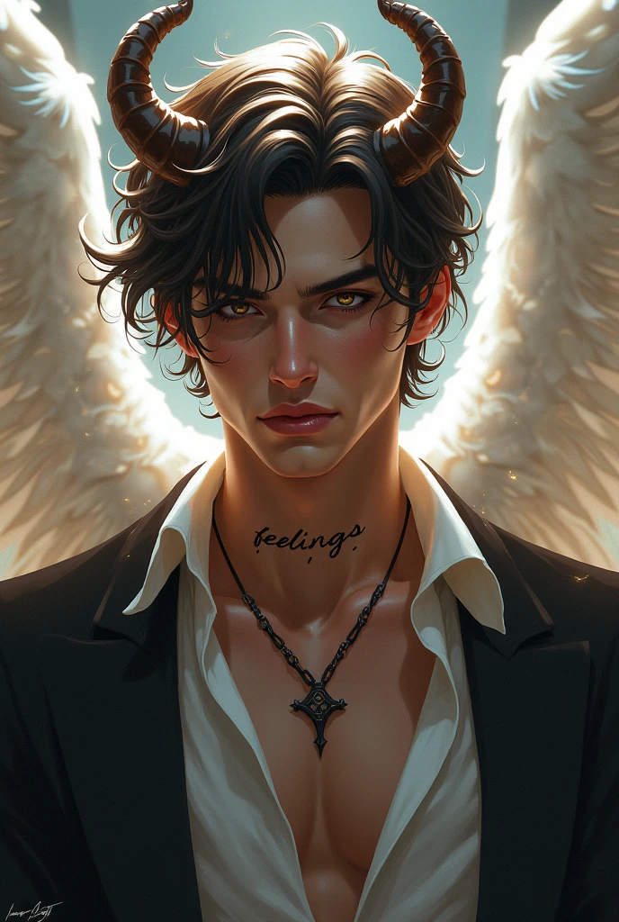 A handsome male brunette angel with goat horns, a tattoo on his neck ...