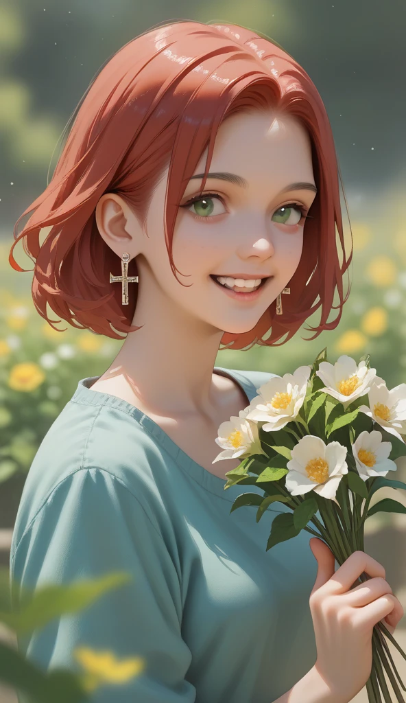 A cheerful anime-style girl holding a carnation. She is wearing casual ...