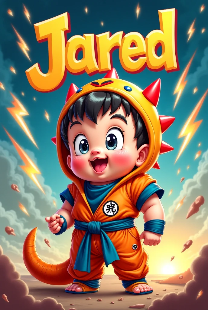 Baby man in Ball z dragon costume, with the name text "Jared - SeaArt AI
