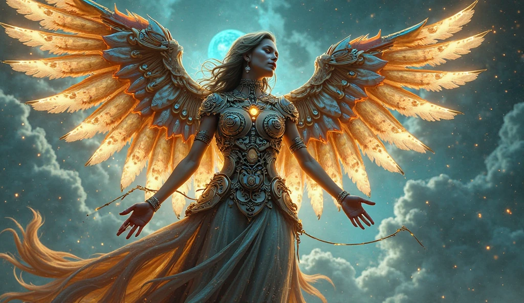 A mechanical angel descends from the heavens, its wings shimmering with ...