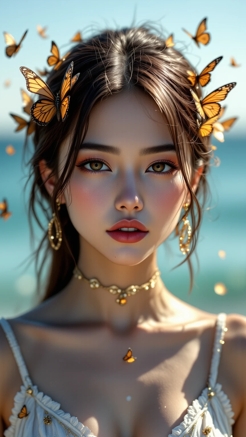A woman with butterflies on her head and butterflies flying around ...