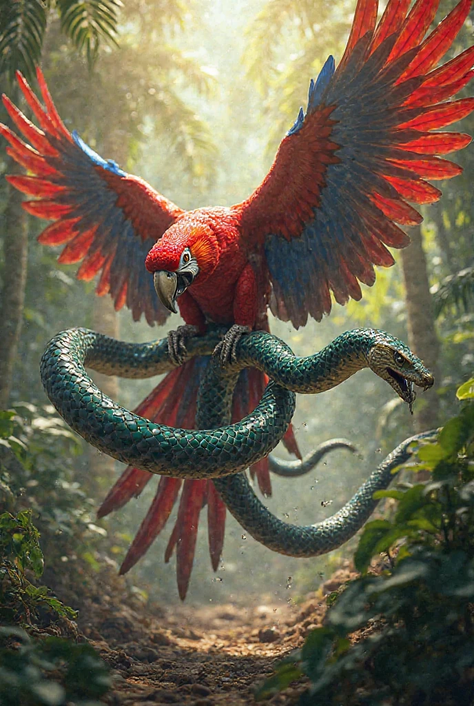 Create an image of a macaw fighting a snake - SeaArt AI