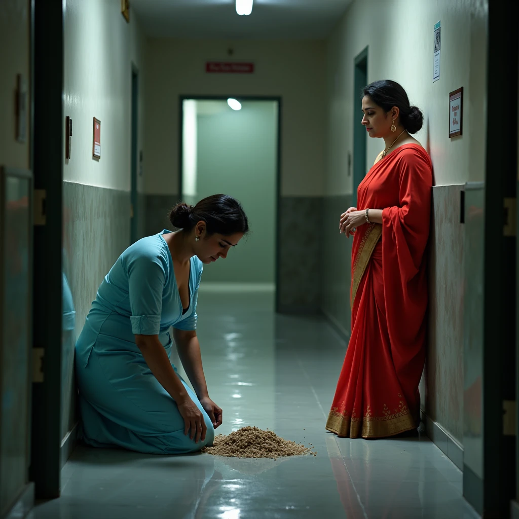 In corridor women wearing blue nighty kneeling down in front - SeaArt AI