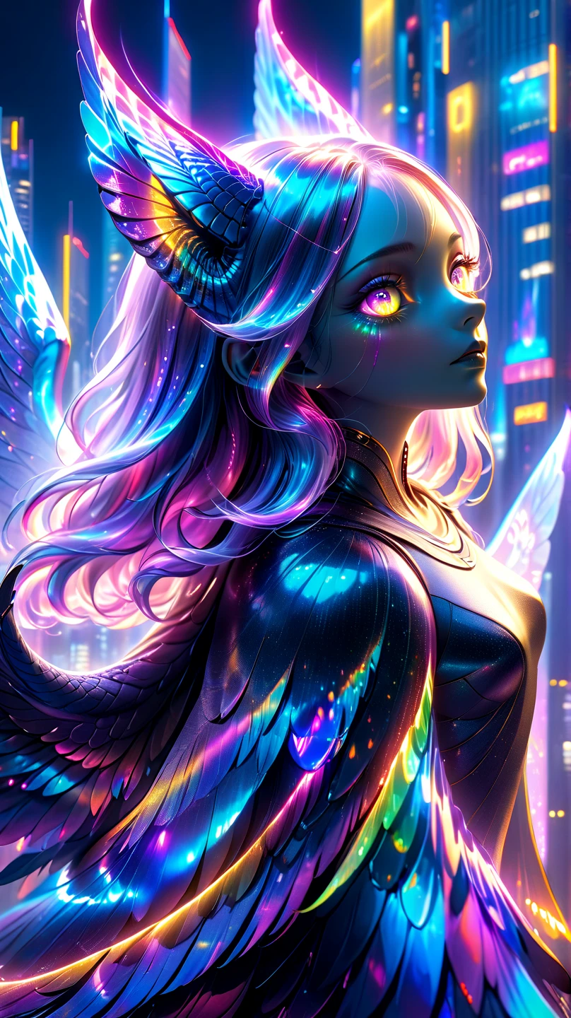 Rainbow-colored Sphinx, futuristic city, cyberpunk, neon lights - SeaArt AI