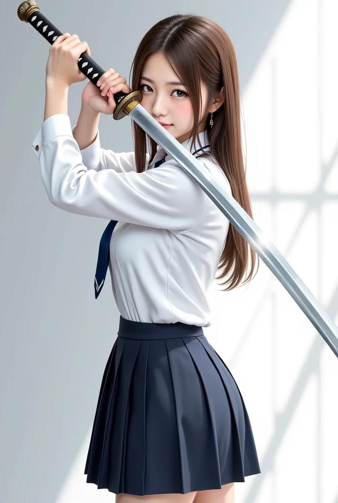 Japanese sword that shines silver、 high school girl、Hold the sword ...