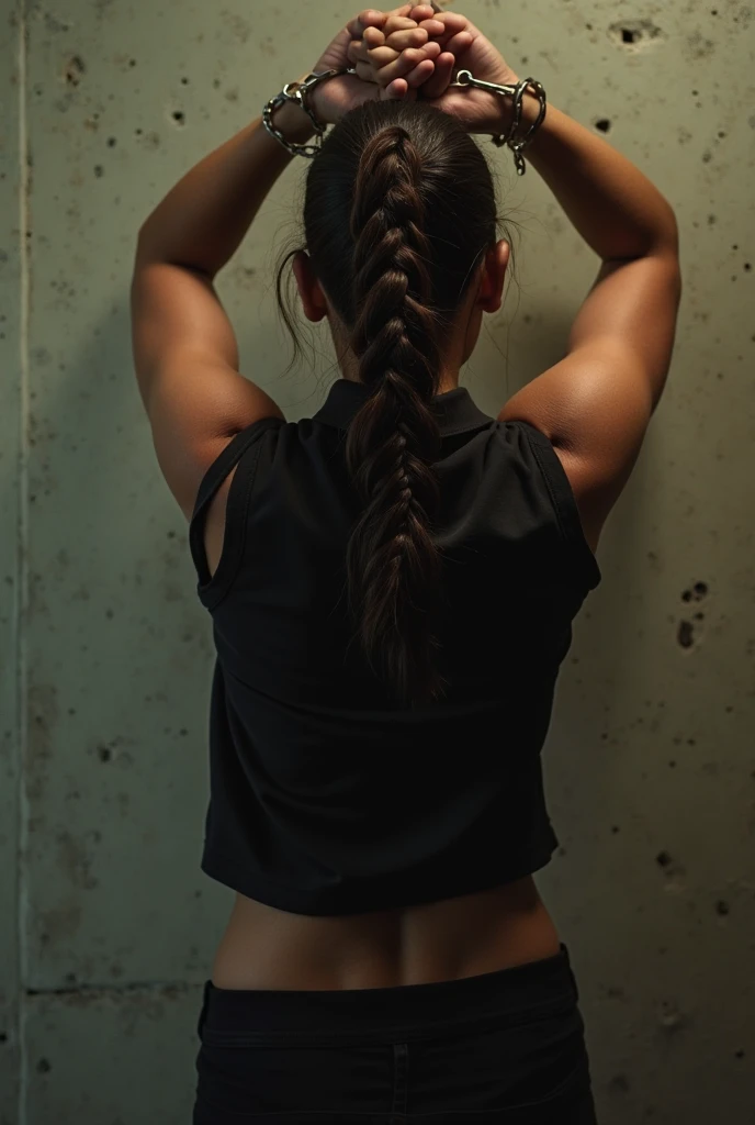 Mexican girl (ponytail hairstyle), standing against a wall with arms ...