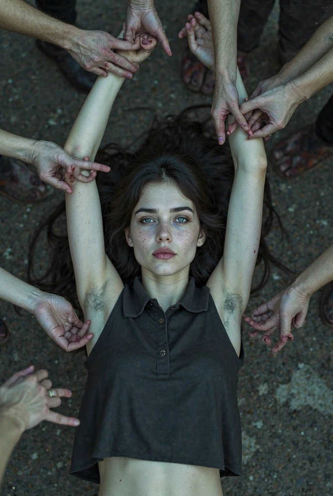 Two young women (very pale skin, black hair, blue eyes) lyind down in a ...