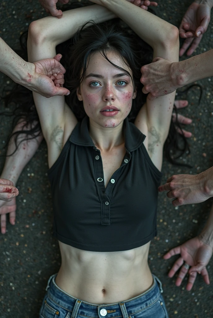 Two young women (very pale skin, black hair, blue eyes) lyind down in a ...