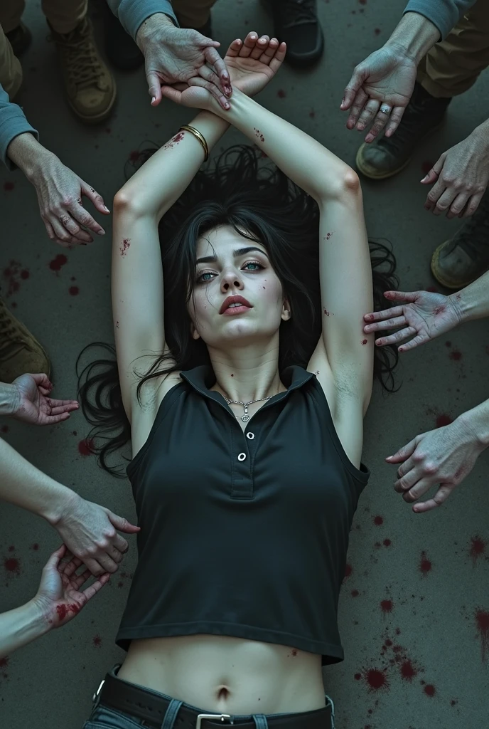 Two young women (very pale skin, black hair, blue eyes) lyind down in a ...