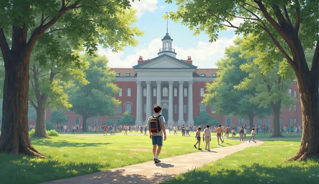 College campus, boy walking alone with a bag, slight wind, distant ...