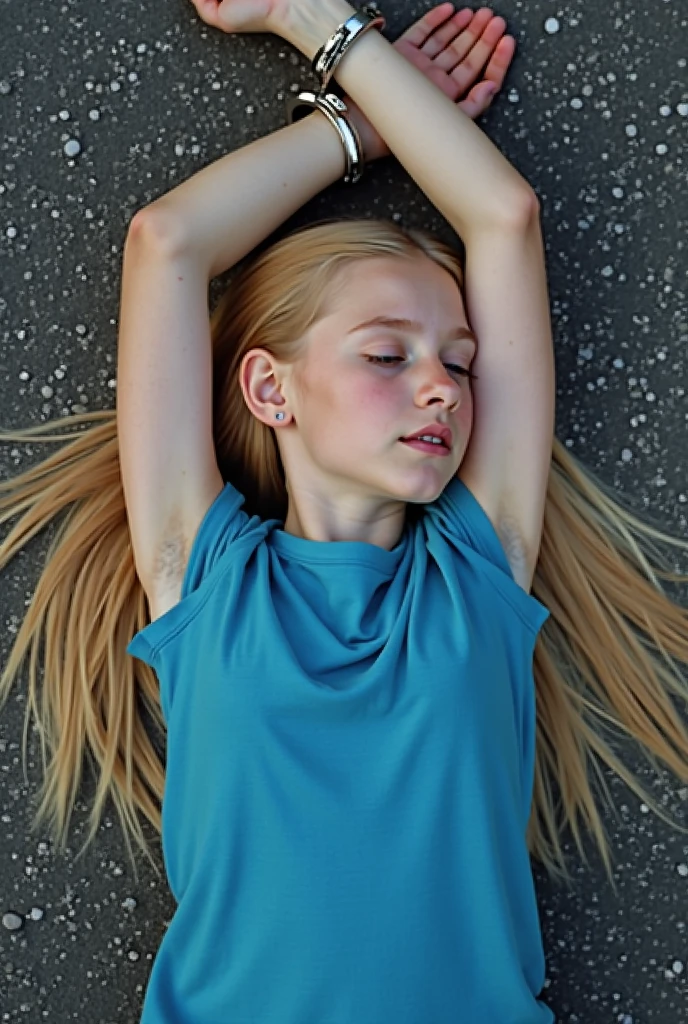 young dead albina girl with long straight hair lying down in a street ...