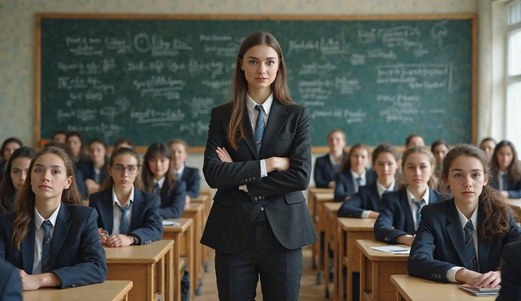 A high school classroom filled with female students in uniform sitting ...