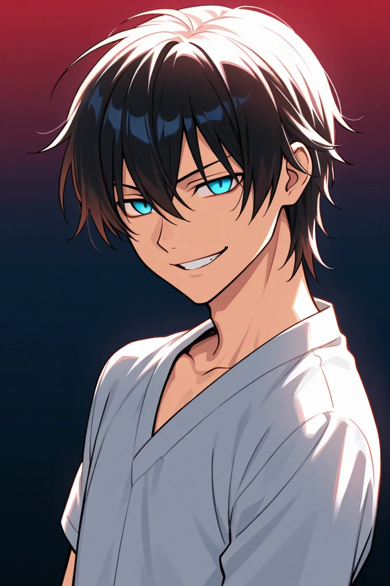 A anime boy, 22 years old, egoistic look, selfish face, evil smile ...