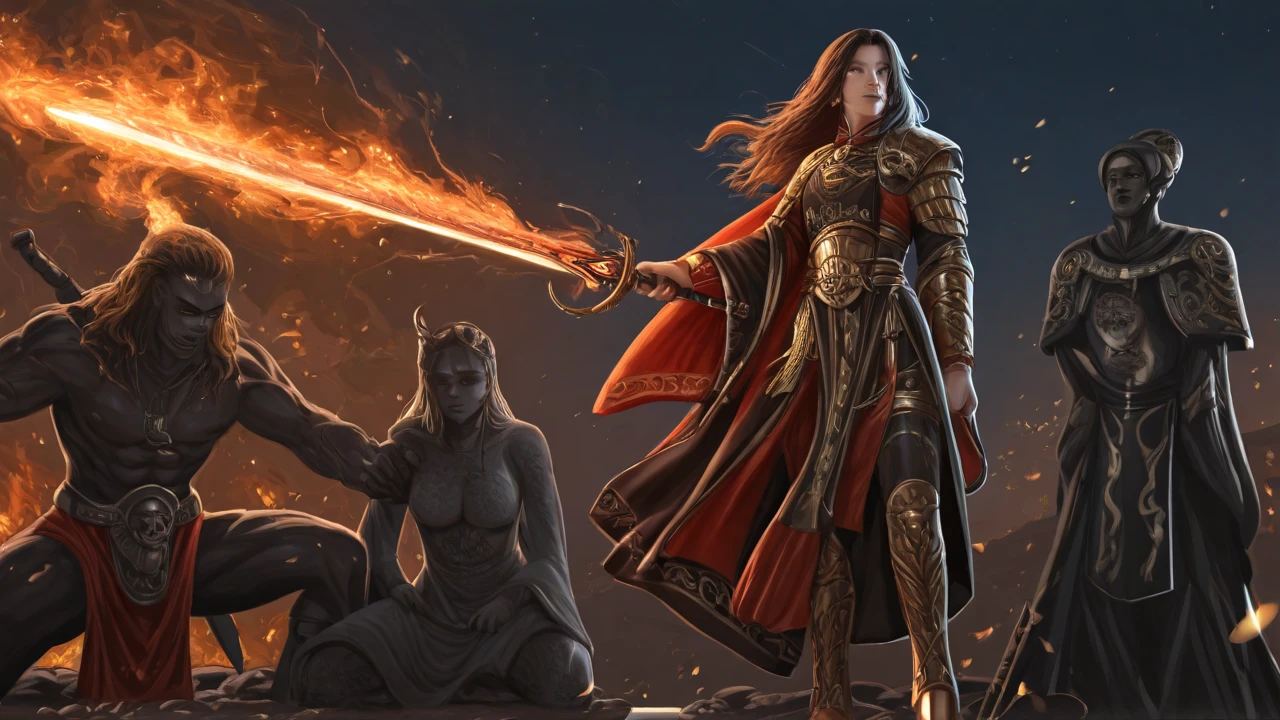 A dark stormy sky over a burning scroll with Vietnamese characters ...