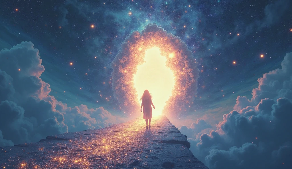 A dreamlike path made of stardust leading to a glowing doorway in the ...