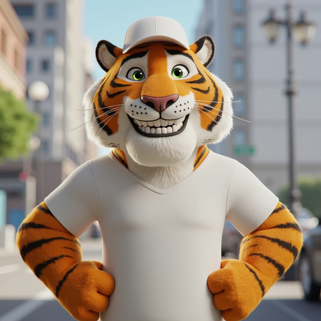 Realistic 3D anthropomorphic cartoon tiger,35-year-old adult male face ...